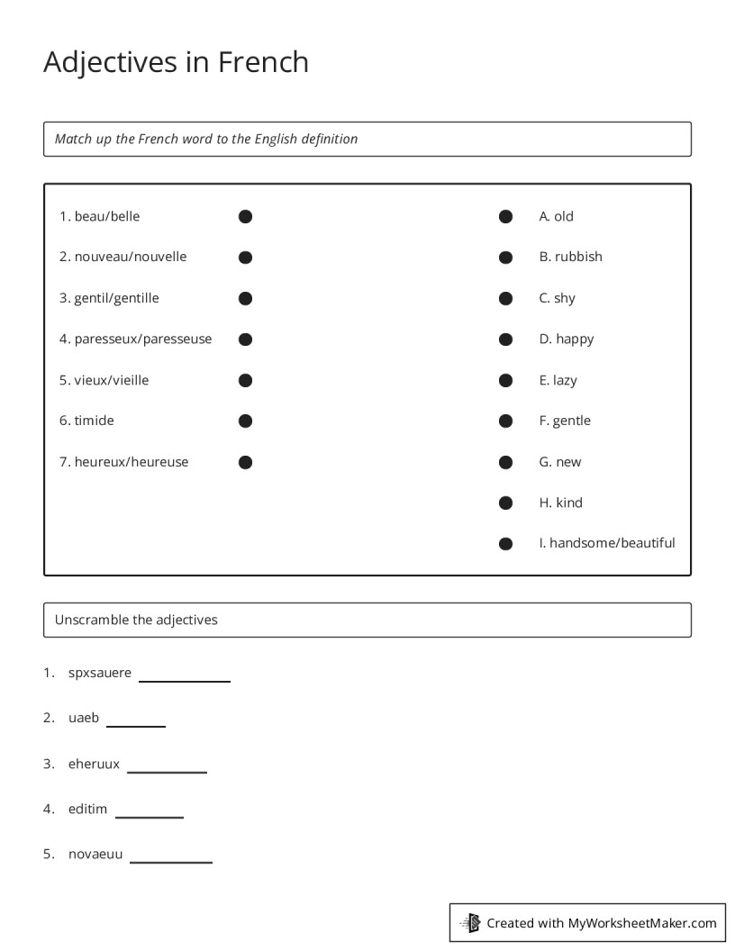 Adjectives in French - My Worksheet Maker: Create Your Own Worksheets