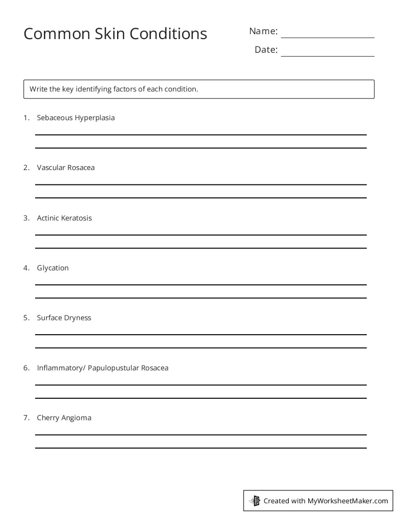 Common Skin Conditions - My Worksheet Maker: Create Your Own Worksheets