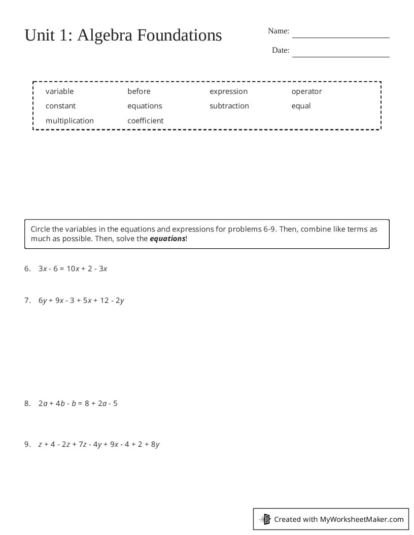Unit 1: Algebra Foundations - My Worksheet Maker: Create Your Own ...