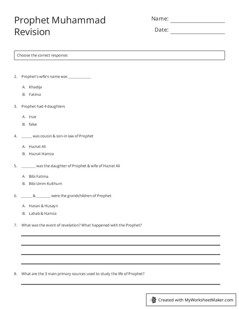 Prophet Muhammad Revision - My Worksheet Maker: Create Your Own Worksheets