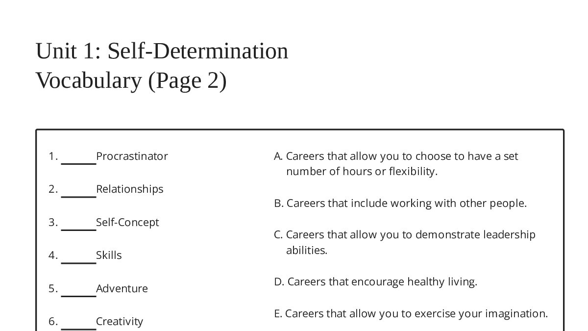 Unit 1: Self-Determination Vocabulary (Page 2) - My Worksheet Maker ...