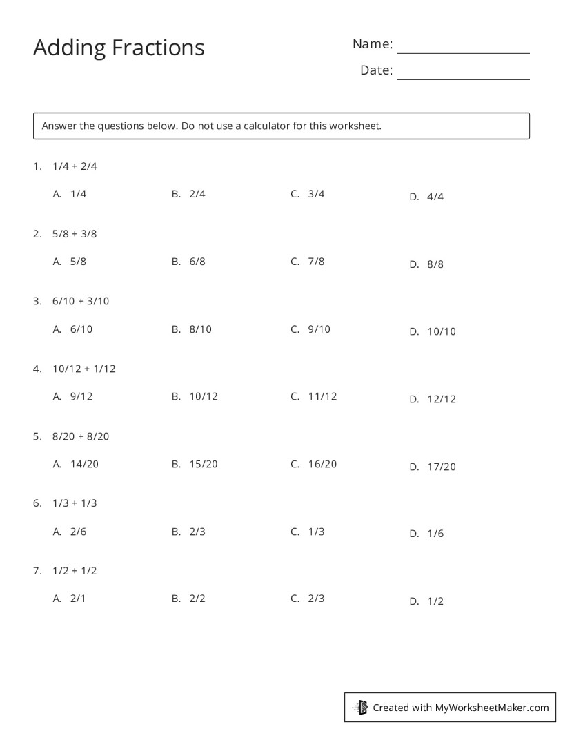 Adding Fractions - My Worksheet Maker: Create Your Own Worksheets