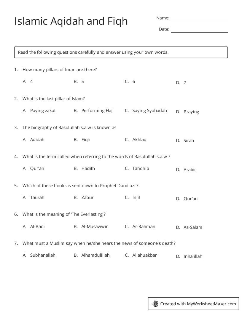 Islamic Aqidah and Fiqh - My Worksheet Maker: Create Your Own Worksheets