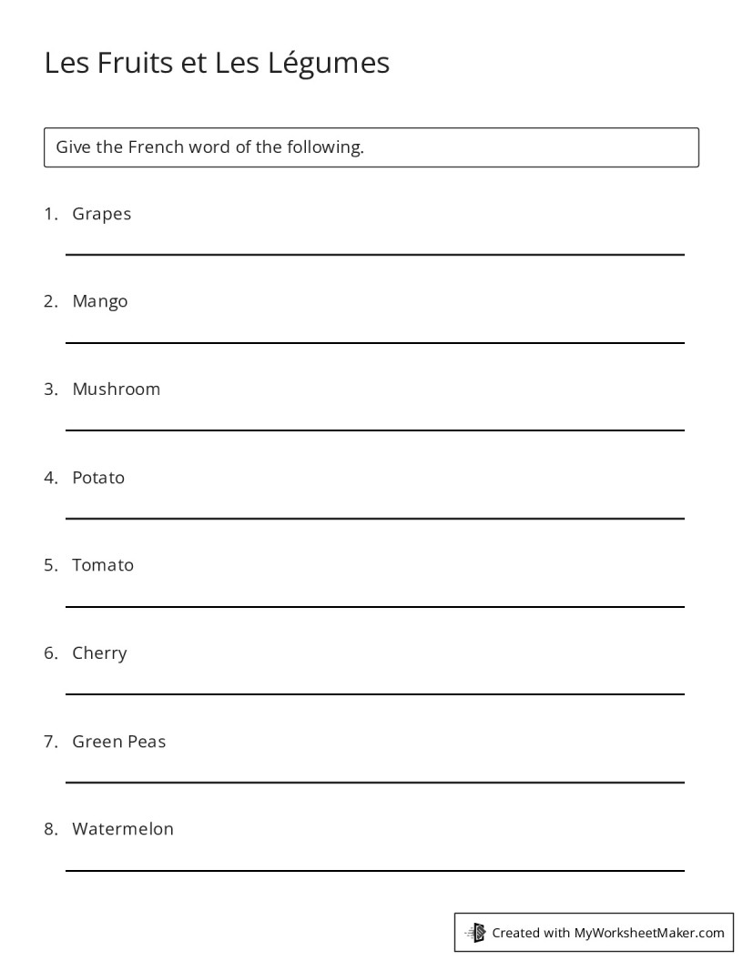 Les Fruits et Les Légumes﻿ - My Worksheet Maker: Create Your Own Worksheets