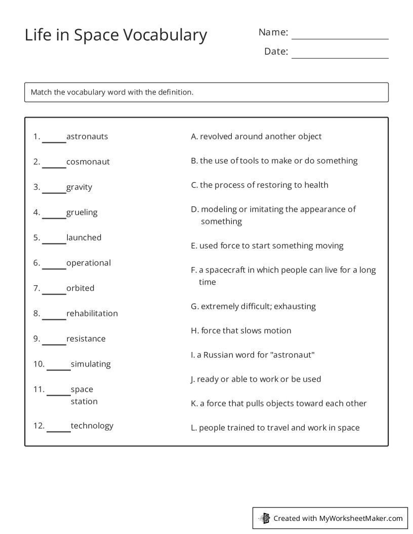 Life in Space Vocabulary - My Worksheet Maker: Create Your Own Worksheets