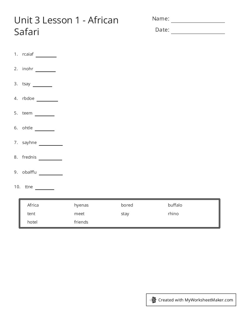 Unit 3 Lesson 1 - African Safari - My Worksheet Maker: Create Your Own ...
