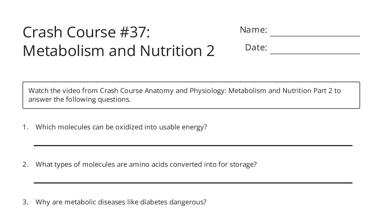Crash Course #37: Metabolism and Nutrition 2 - My Worksheet Maker ...