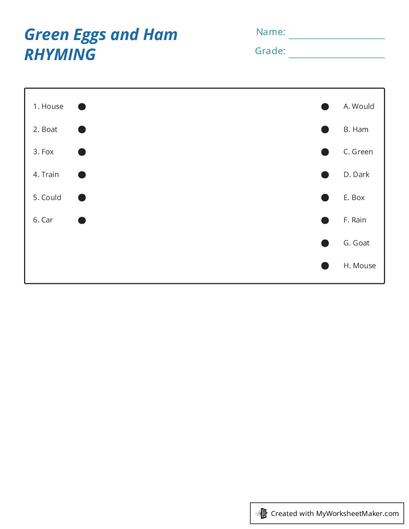 Green Eggs and Ham RHYMING - My Worksheet Maker: Create Your Own Worksheets