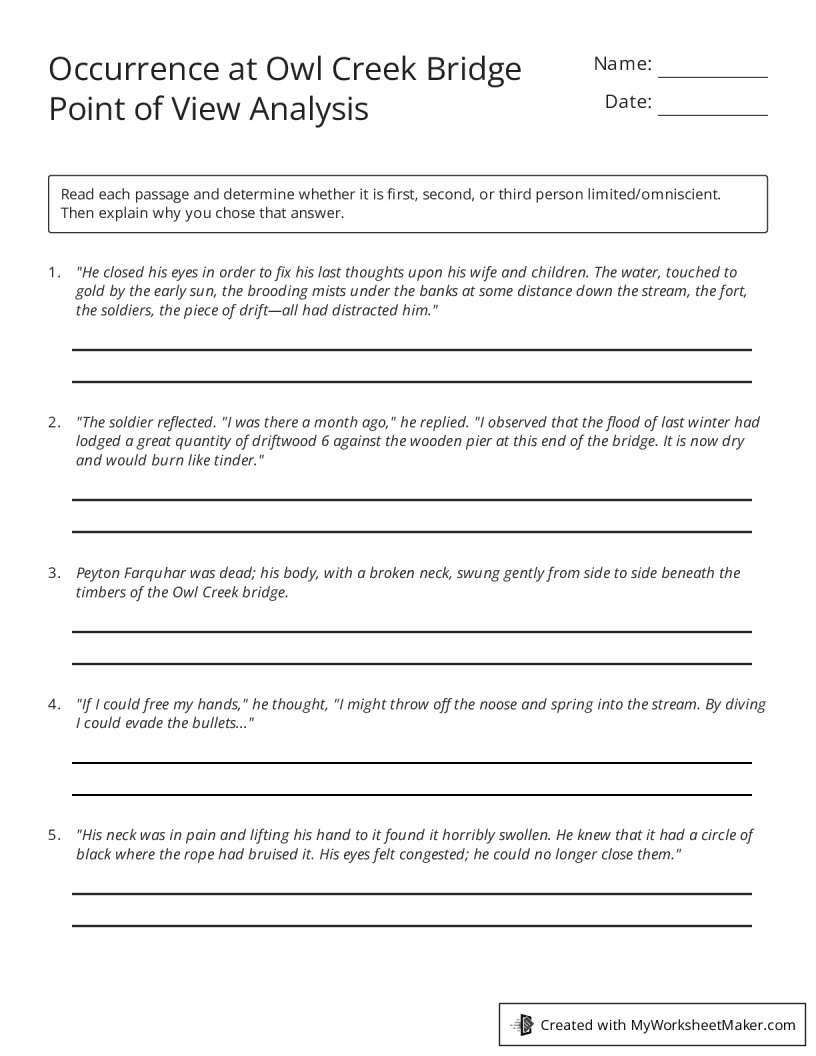 Occurrence at Owl Creek Bridge Point of View Analysis - My Worksheet ...