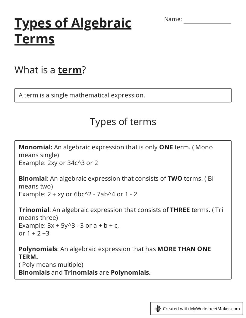 Types of Algebraic Terms - My Worksheet Maker: Create Your Own Worksheets