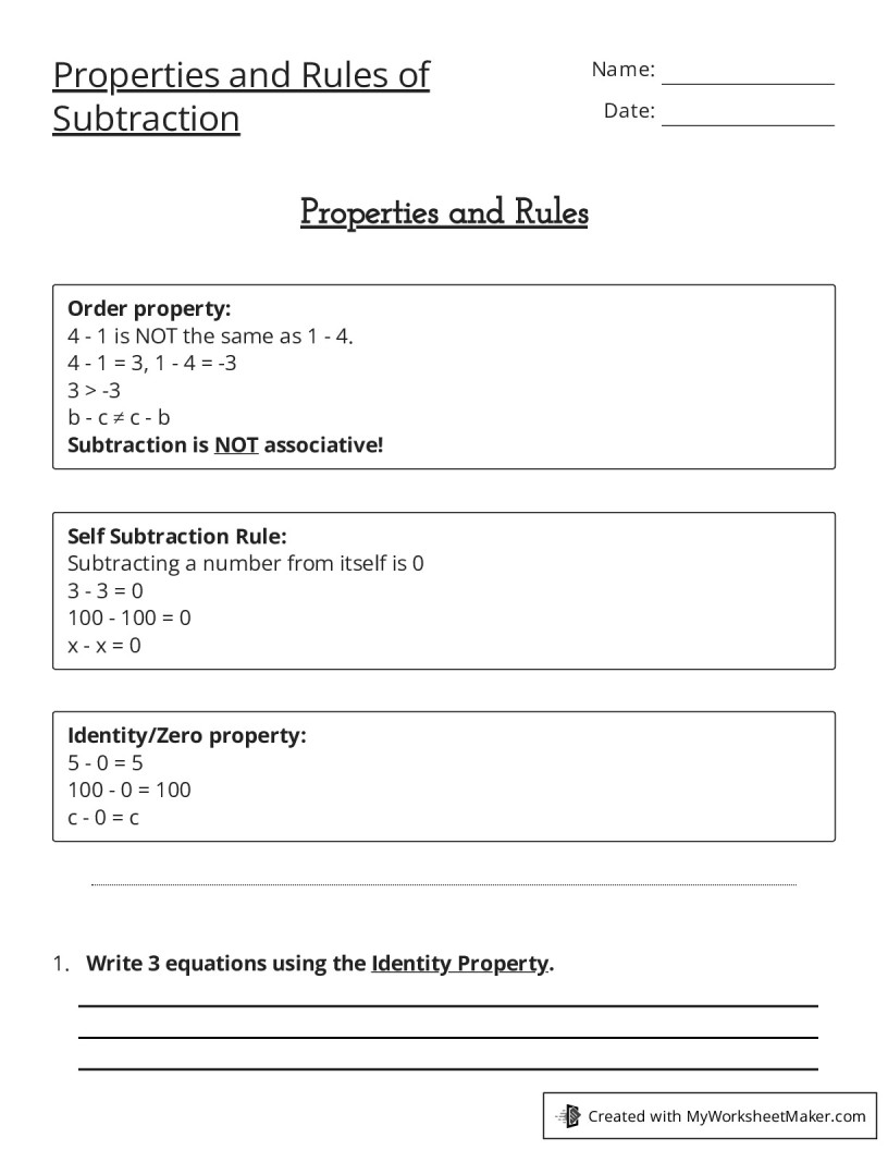 Properties and Rules of Subtraction - My Worksheet Maker: Create Your ...
