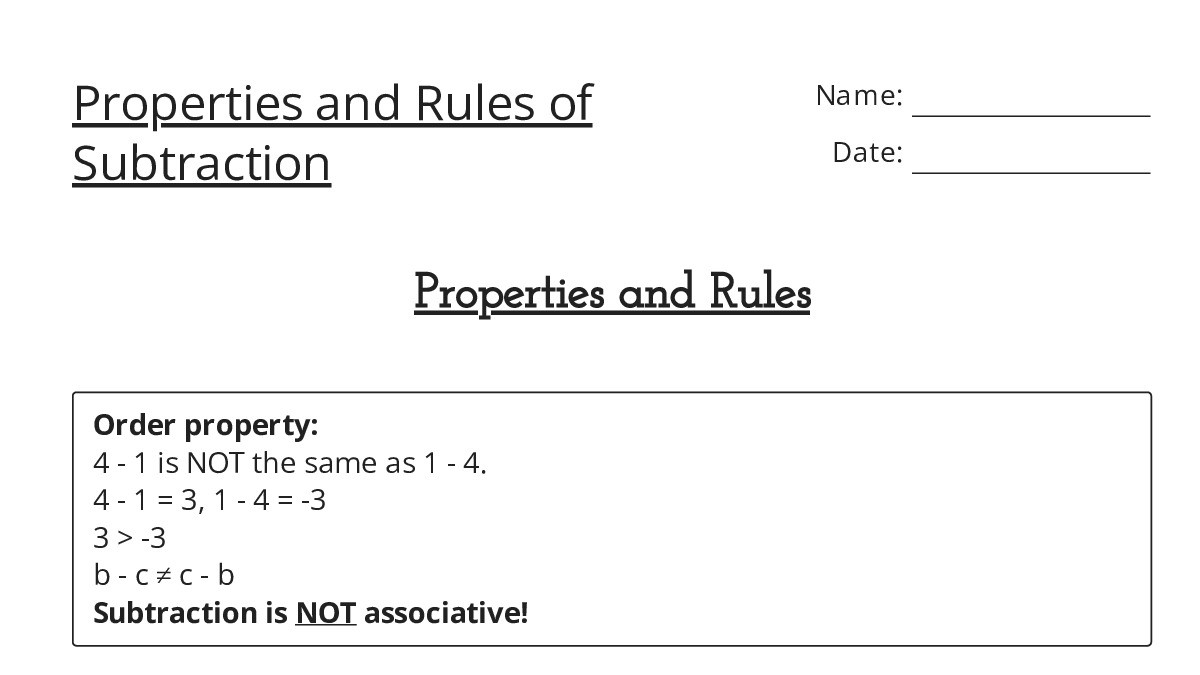 Properties and Rules of Subtraction - My Worksheet Maker: Create Your ...