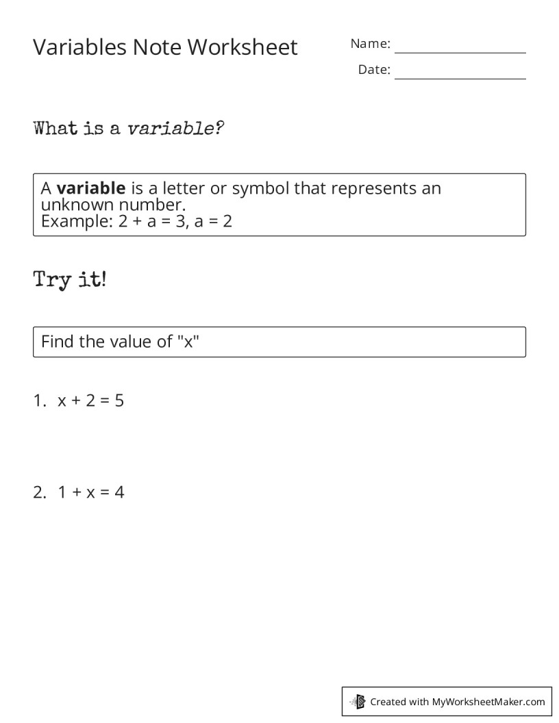 Variables Note Worksheet - My Worksheet Maker: Create Your Own Worksheets