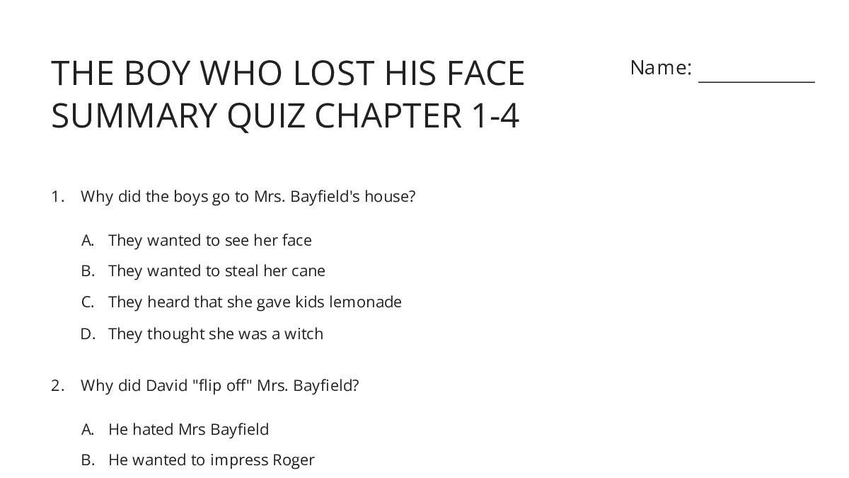 THE BOY WHO LOST HIS FACE SUMMARY QUIZ CHAPTER 1-4 - My Worksheet Maker ...