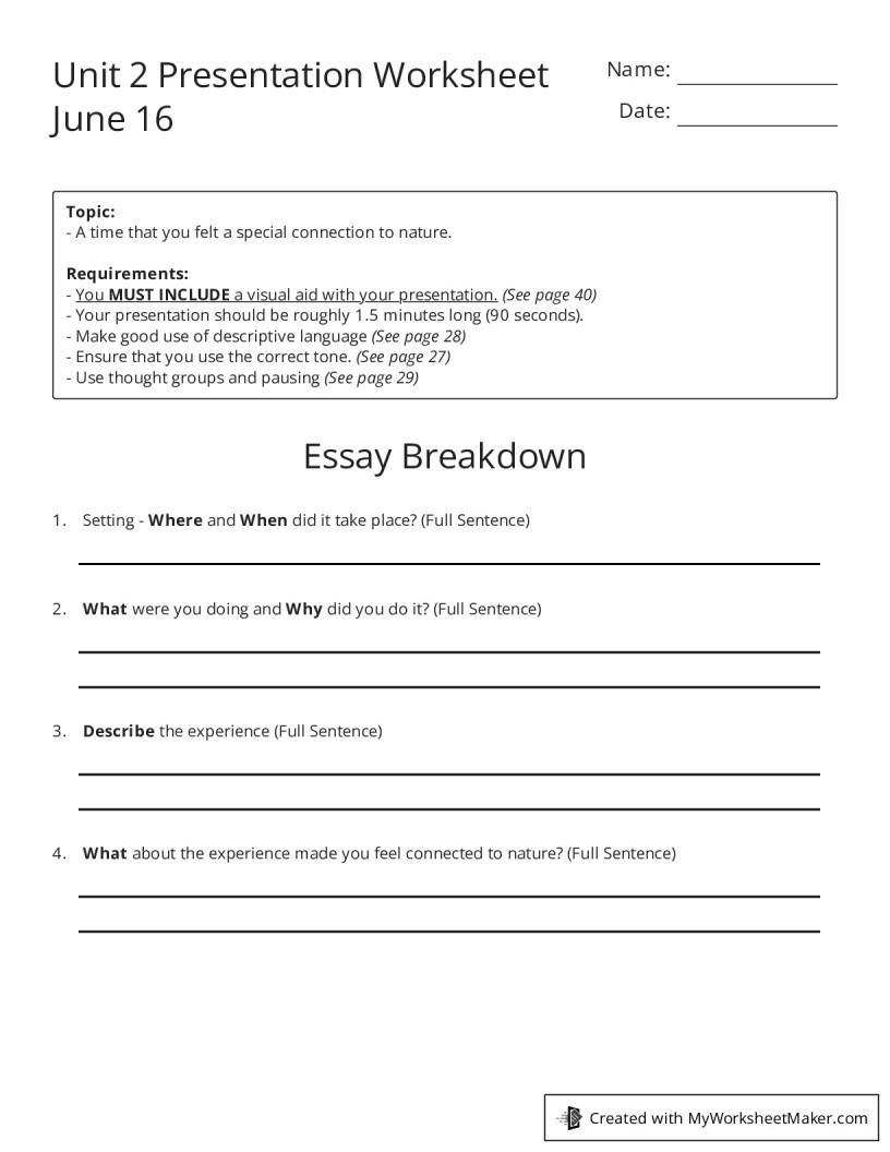Unit 2 Presentation Worksheet June 16 - My Worksheet Maker: Create Your ...