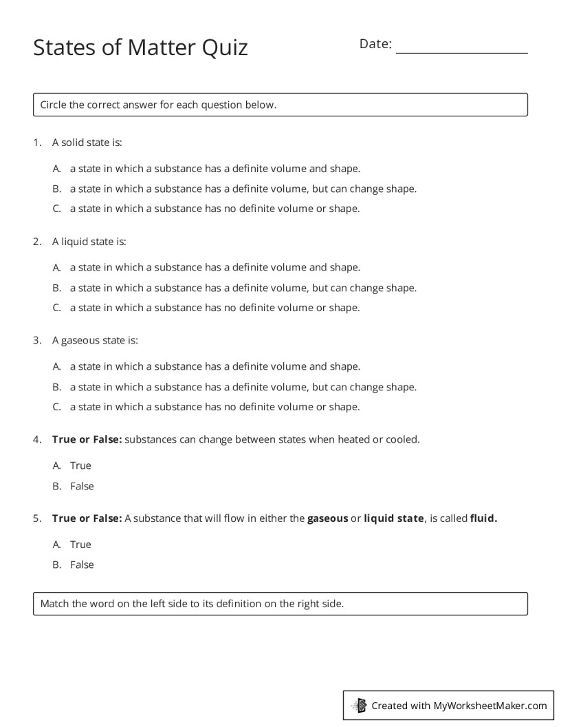 States of Matter Quiz - My Worksheet Maker: Create Your Own Worksheets