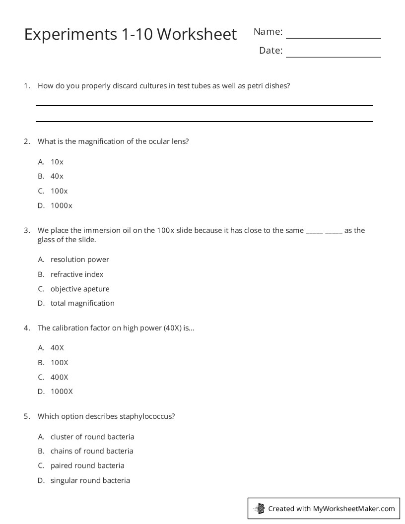 Experiments 1-10 Worksheet - My Worksheet Maker: Create Your Own Worksheets