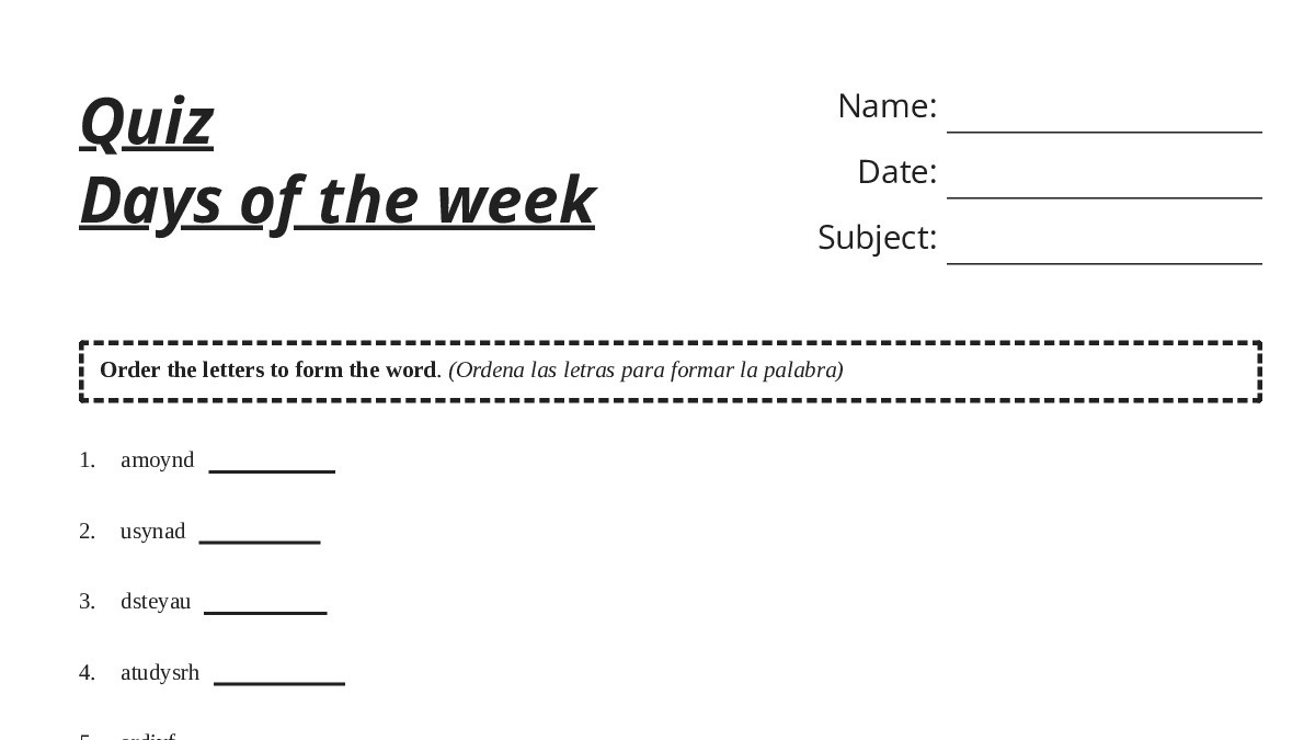 Quiz Days of the week - My Worksheet Maker: Create Your Own Worksheets