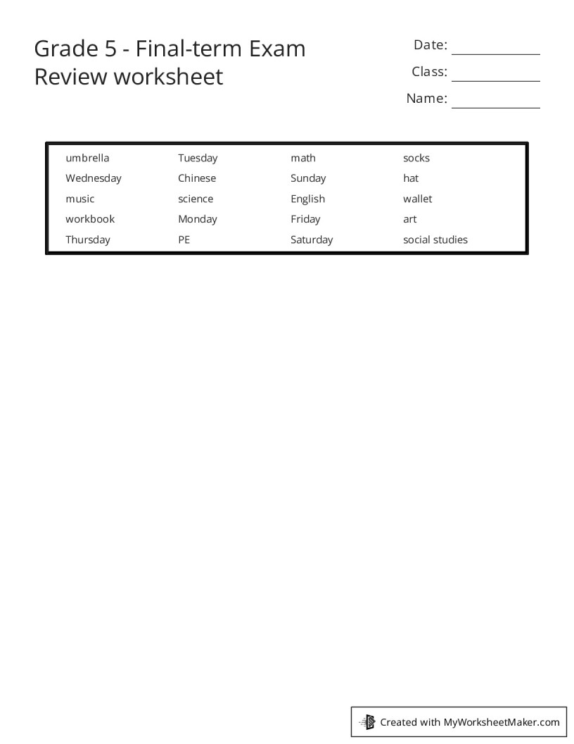 Grade 5 - Final-term Exam Review worksheet - My Worksheet Maker: Create ...