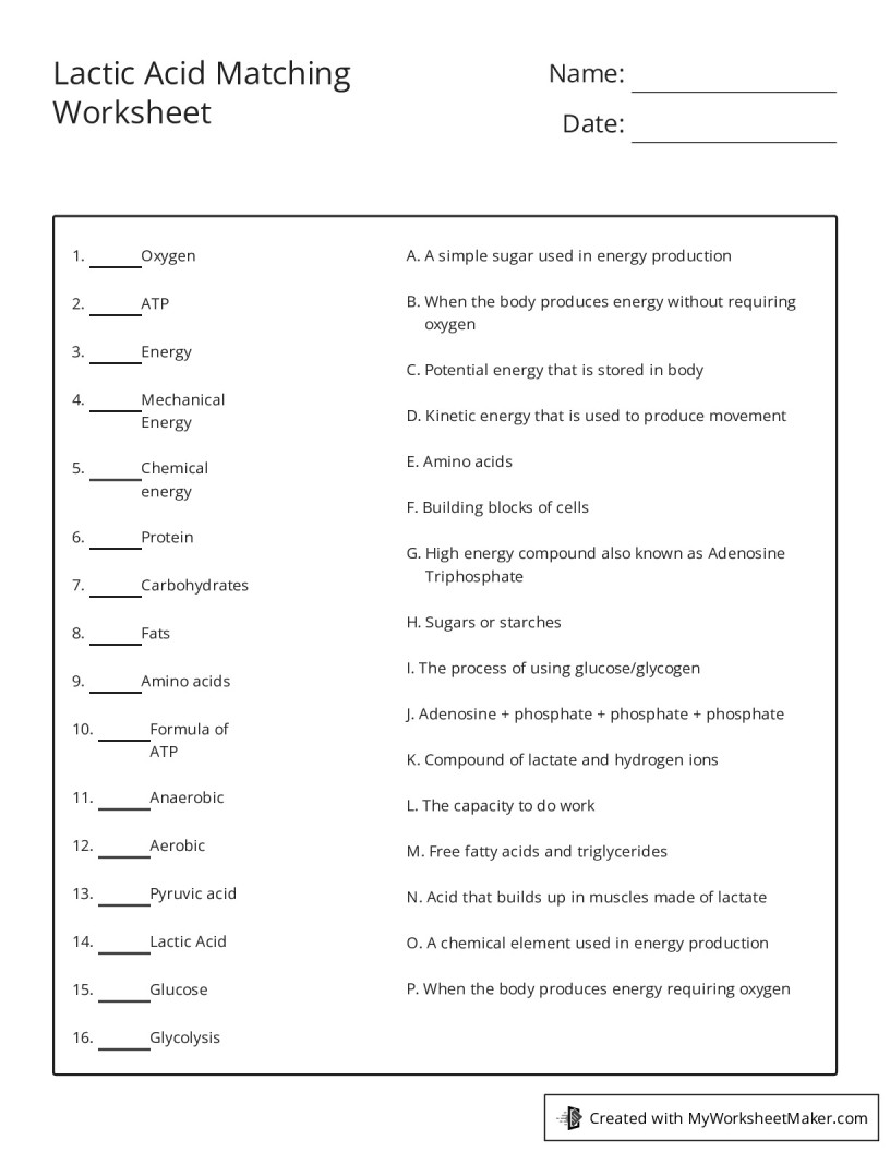 Lactic Acid Matching Worksheet - My Worksheet Maker: Create Your Own ...
