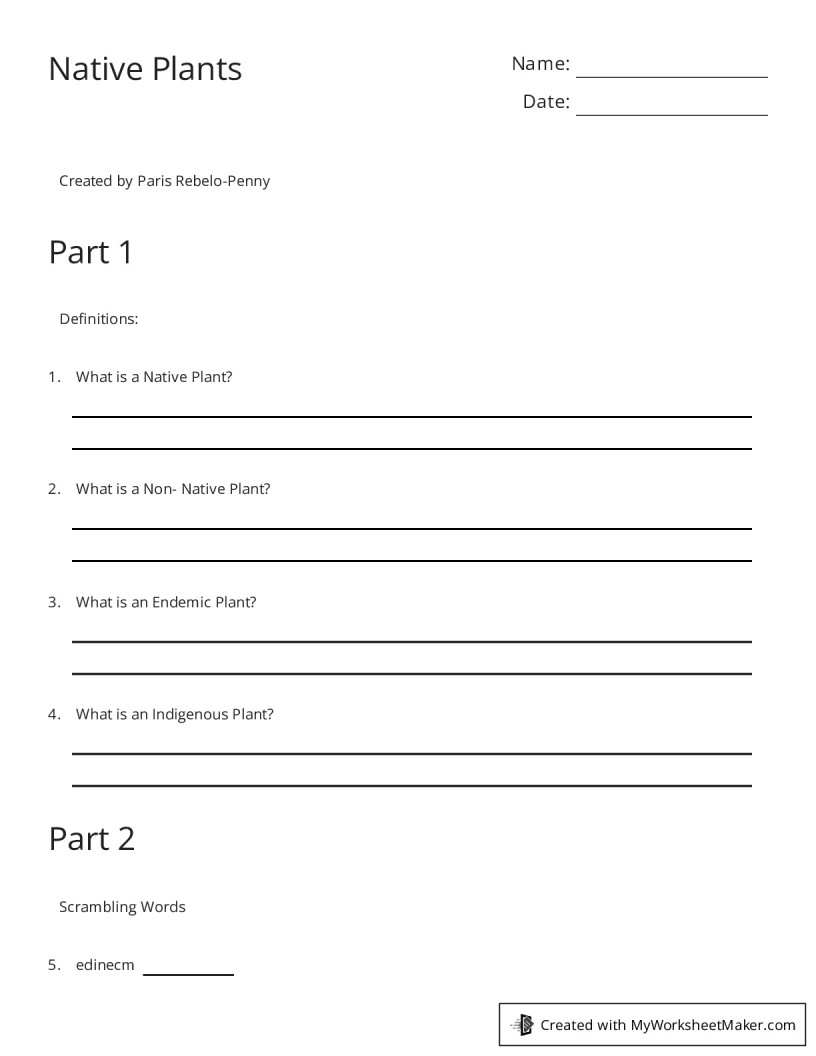 Native Plants - My Worksheet Maker: Create Your Own Worksheets