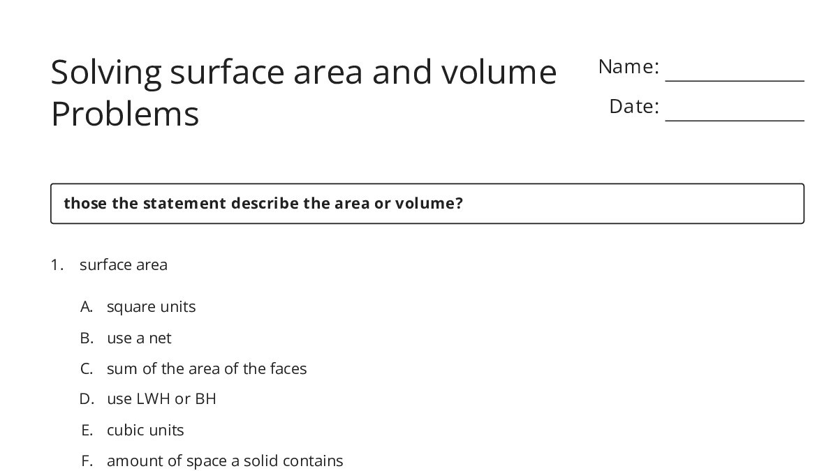 Solving surface area and volume Problems - My Worksheet Maker: Create ...