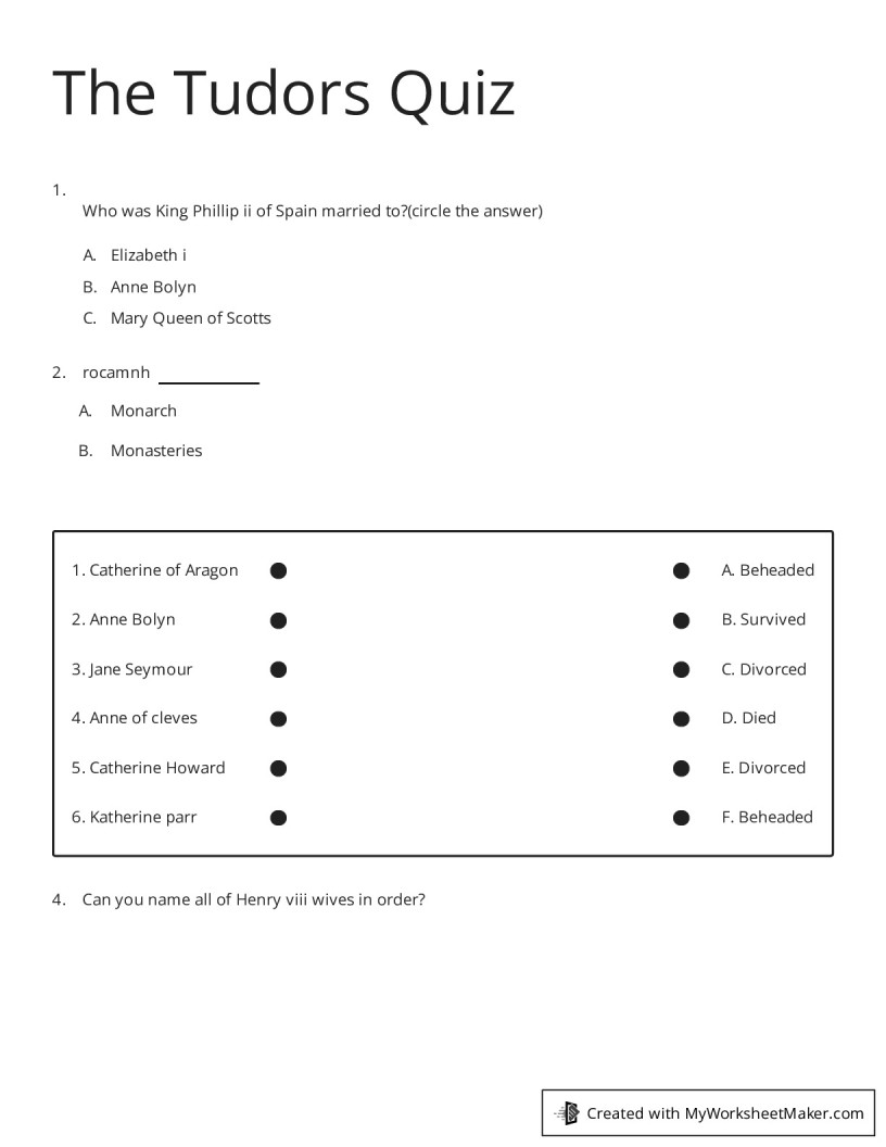 The Tudors Quiz - My Worksheet Maker: Create Your Own Worksheets