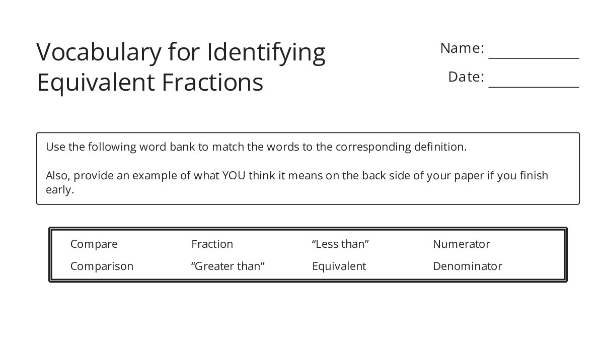 Vocabulary for Identifying Equivalent Fractions - My Worksheet Maker ...