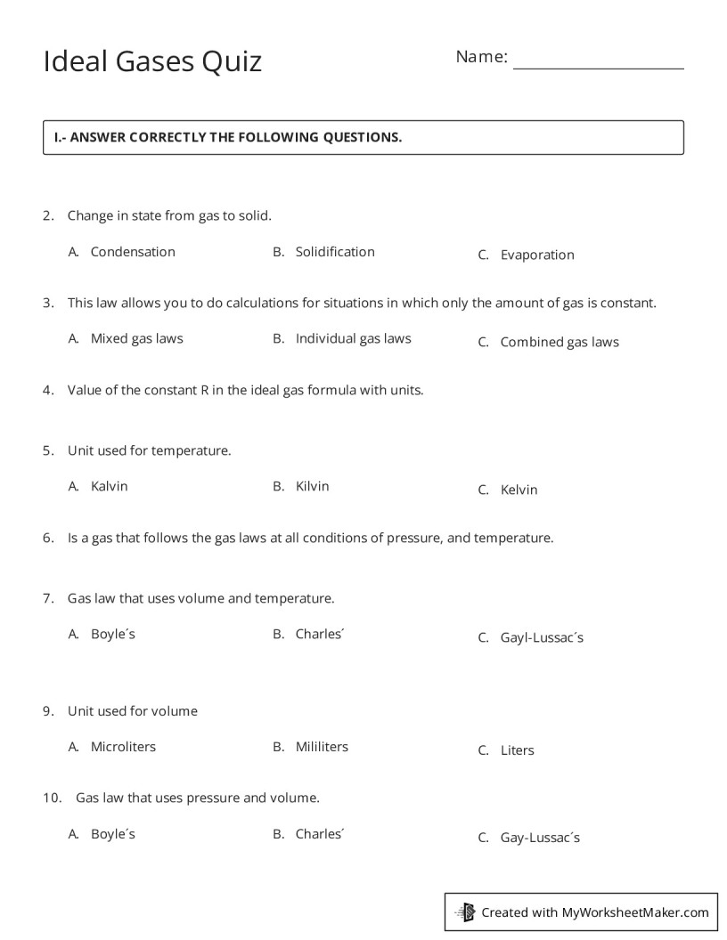 Ideal Gases Quiz - My Worksheet Maker: Create Your Own Worksheets