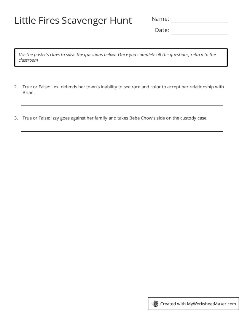 Little Fires Scavenger Hunt - My Worksheet Maker: Create Your Own ...