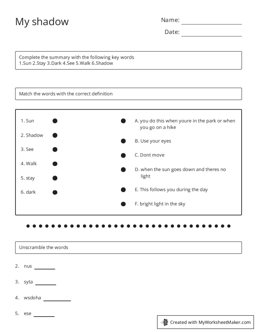 My shadow - My Worksheet Maker: Create Your Own Worksheets