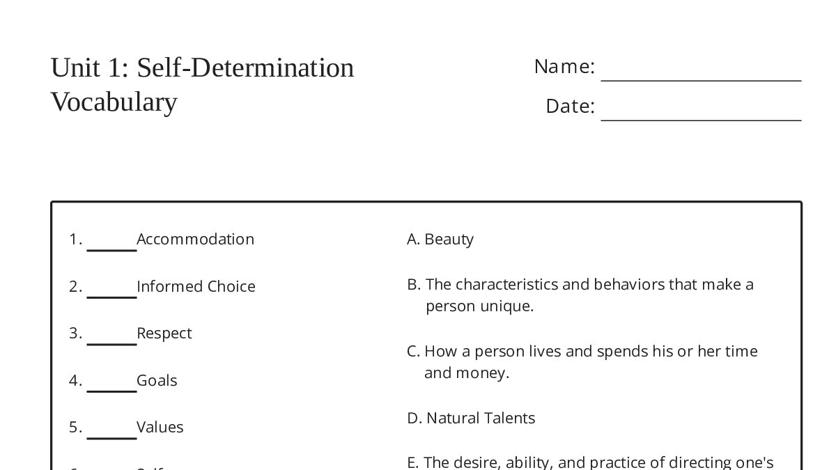 Unit 1: Self-Determination Vocabulary - My Worksheet Maker: Create Your ...