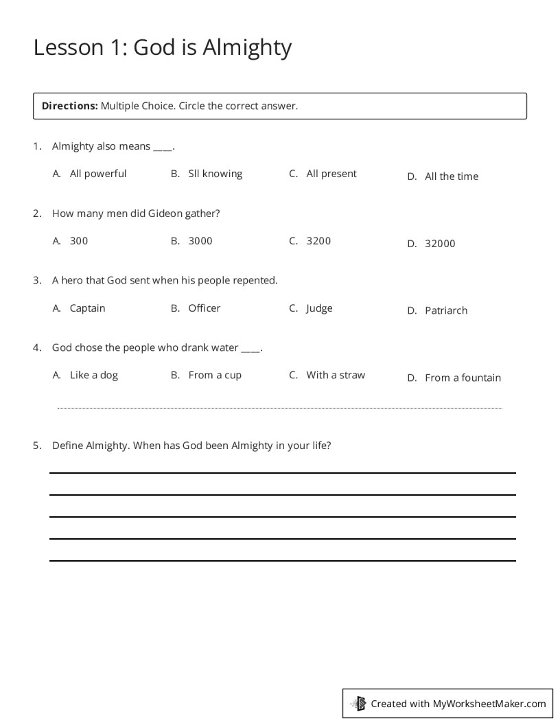 Lesson 1: God is Almighty - My Worksheet Maker: Create Your Own Worksheets