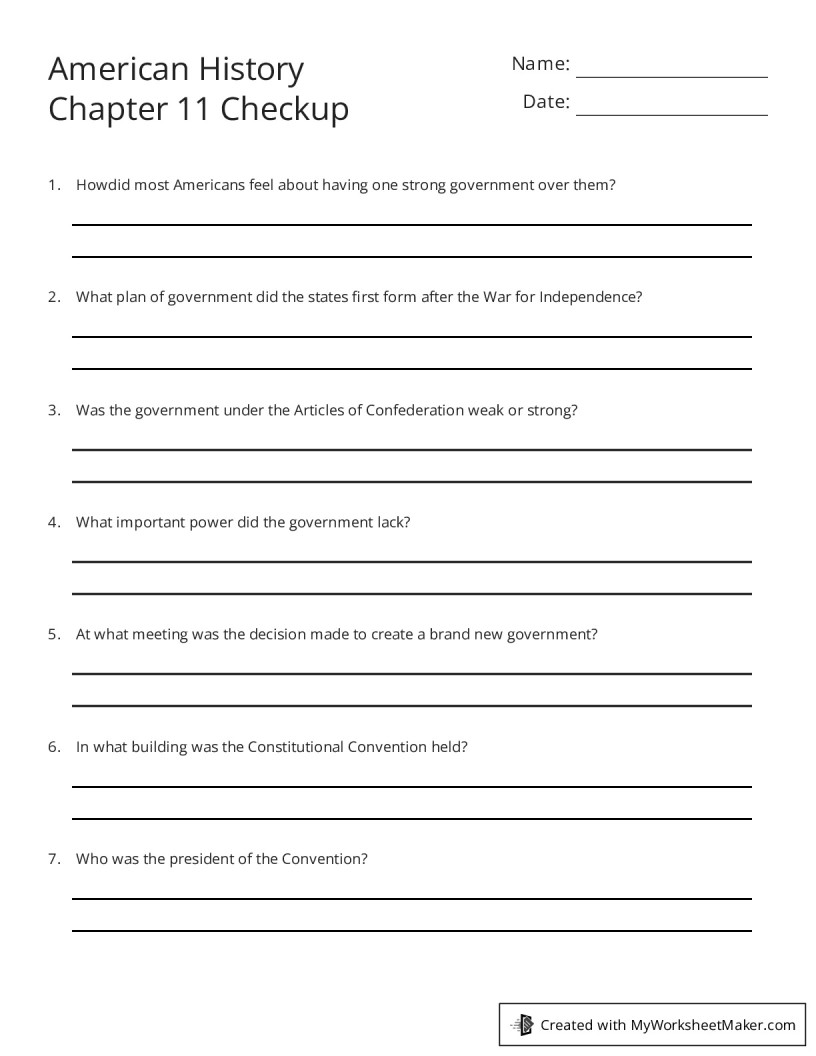American HistoryChapter 11 Checkup - My Worksheet Maker: Create Your ...