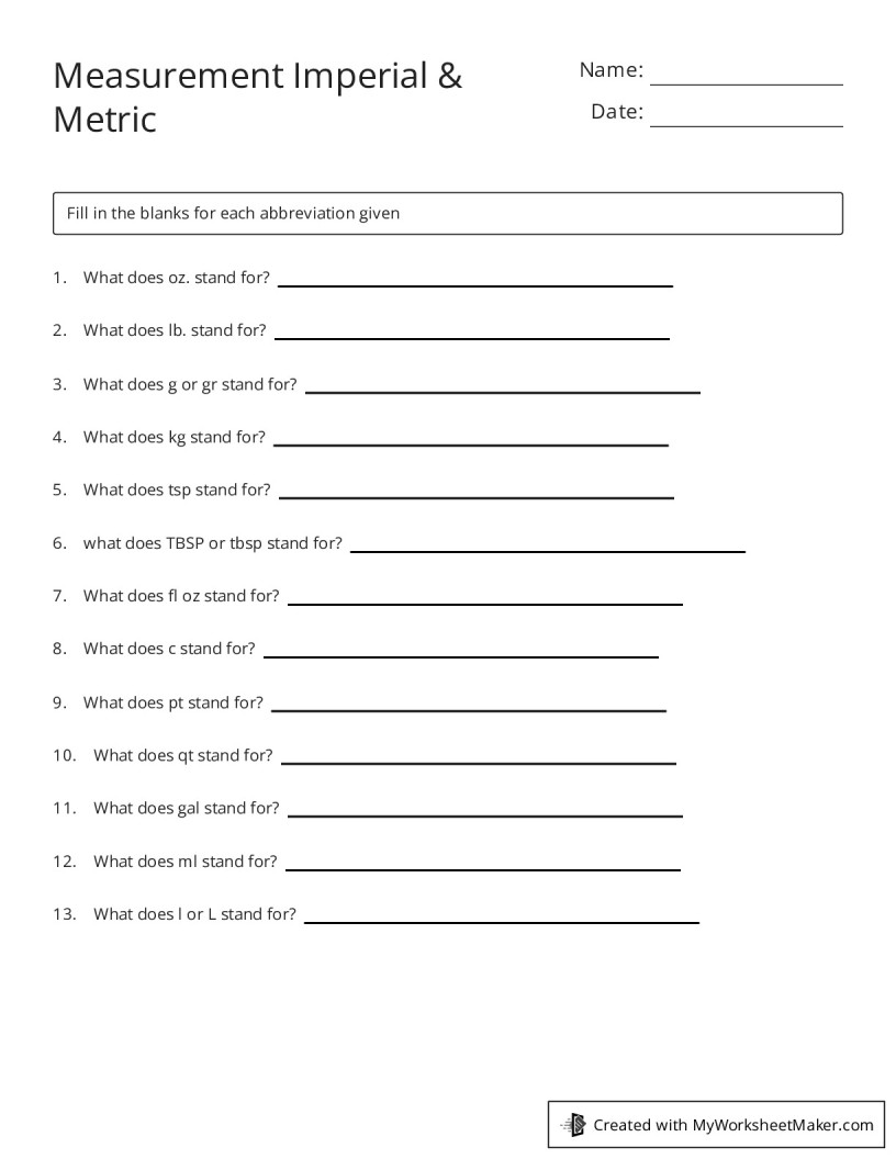 Measurement Imperial & Metric - My Worksheet Maker: Create Your Own ...