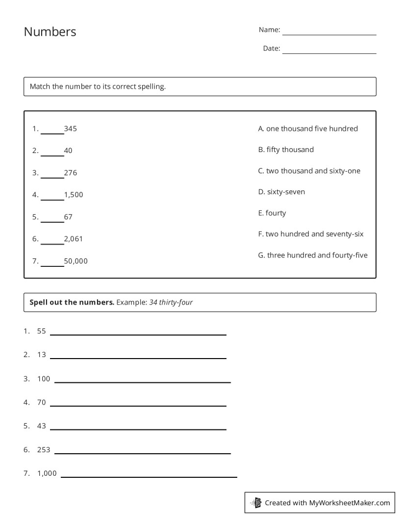 Numbers - My Worksheet Maker: Create Your Own Worksheets