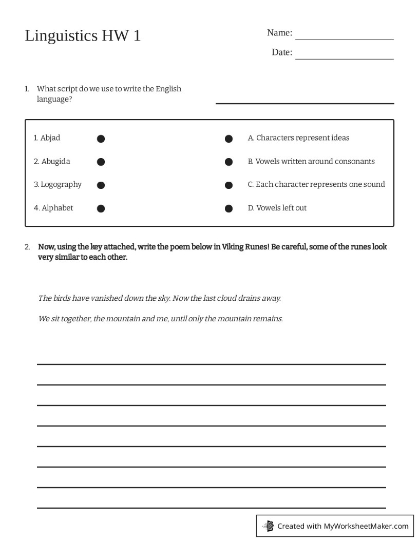 Linguistics HW 1 - My Worksheet Maker: Create Your Own Worksheets