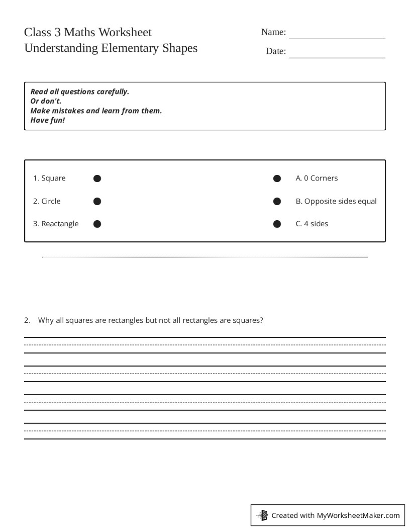 Class 3 Maths Worksheet Understanding Elementary Shapes - My Worksheet ...