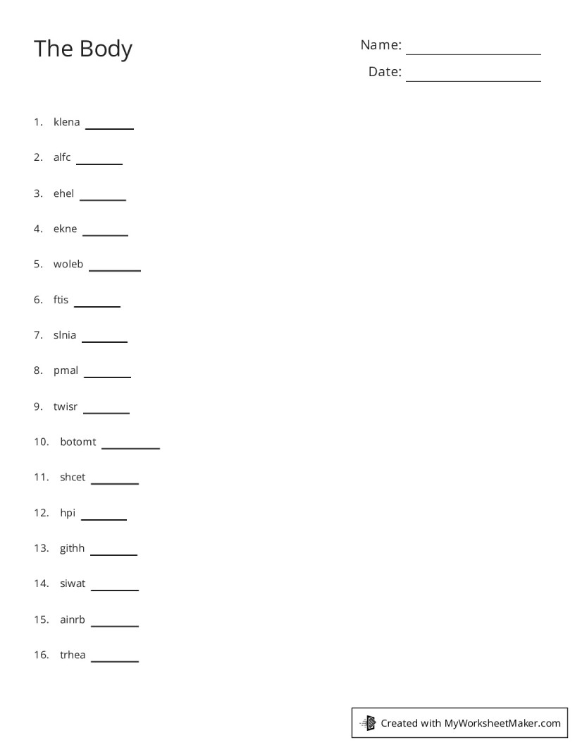 The Body - My Worksheet Maker: Create Your Own Worksheets