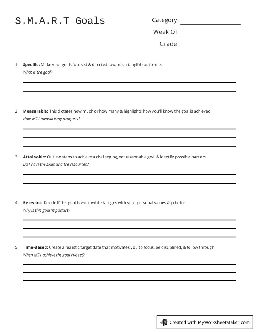 S.M.A.R.T Goals - My Worksheet Maker: Create Your Own Worksheets