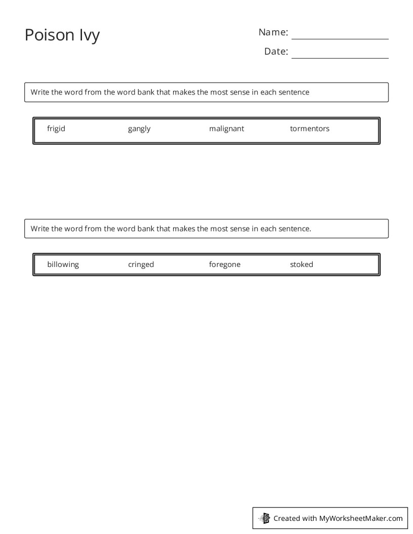 Poison Ivy - My Worksheet Maker: Create Your Own Worksheets