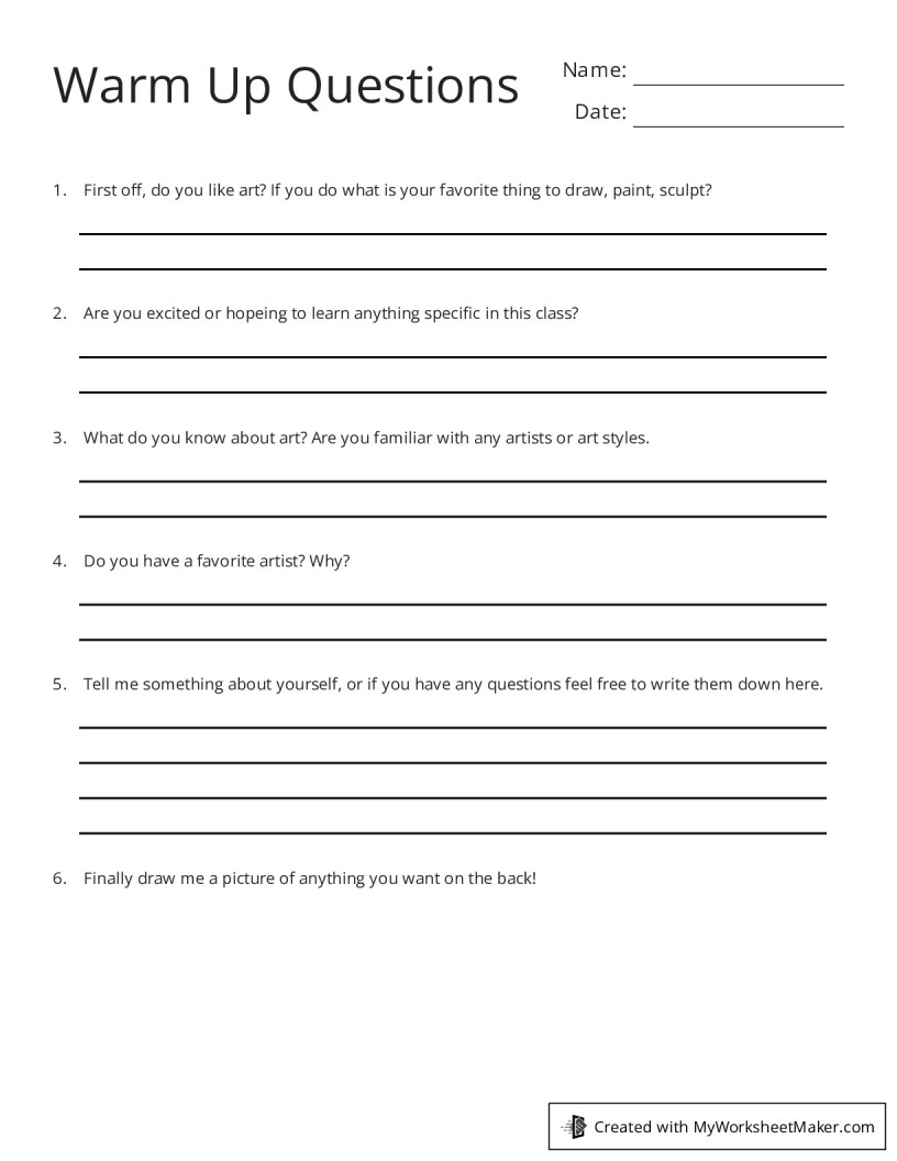 Warm Up Questions - My Worksheet Maker: Create Your Own Worksheets