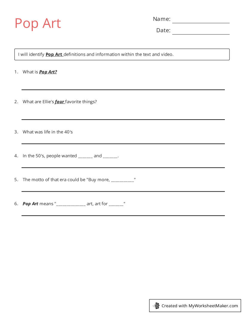 Pop Art - My Worksheet Maker: Create Your Own Worksheets
