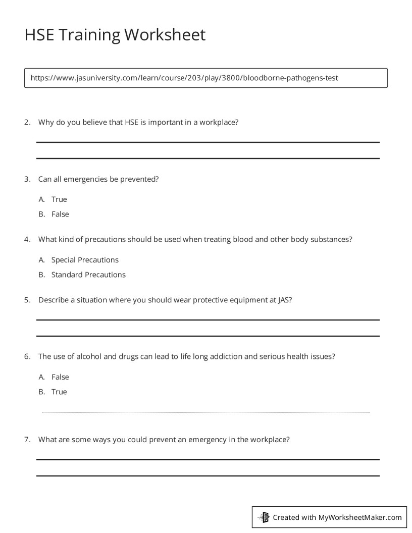 HSE Training Worksheet - My Worksheet Maker: Create Your Own Worksheets