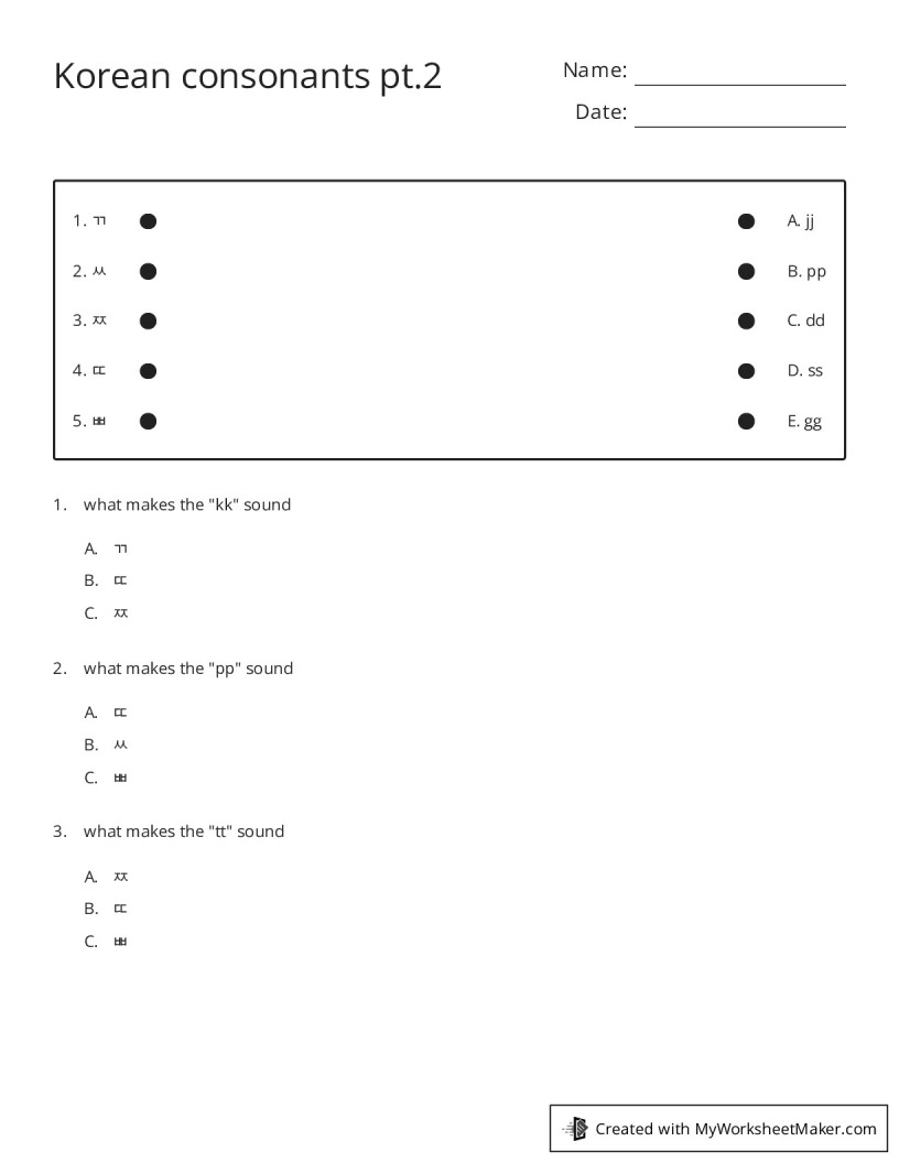 Korean consonants pt.2 - My Worksheet Maker: Create Your Own Worksheets