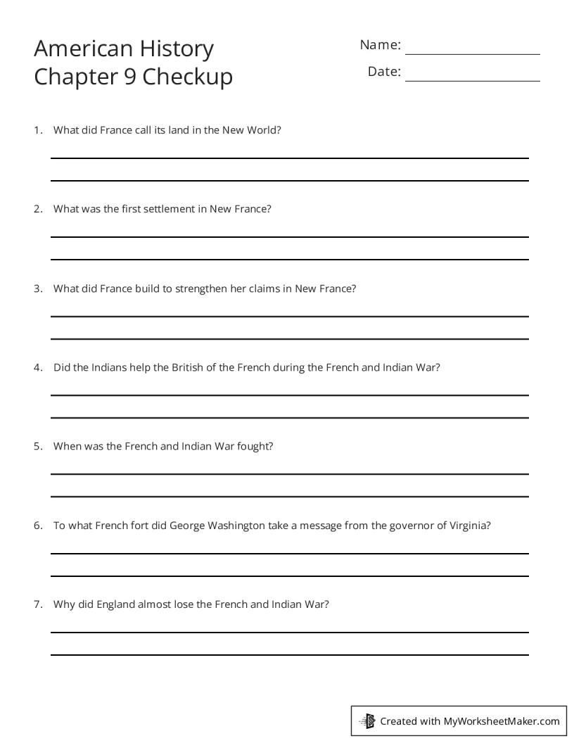 American History Chapter 9 Checkup - My Worksheet Maker: Create Your ...