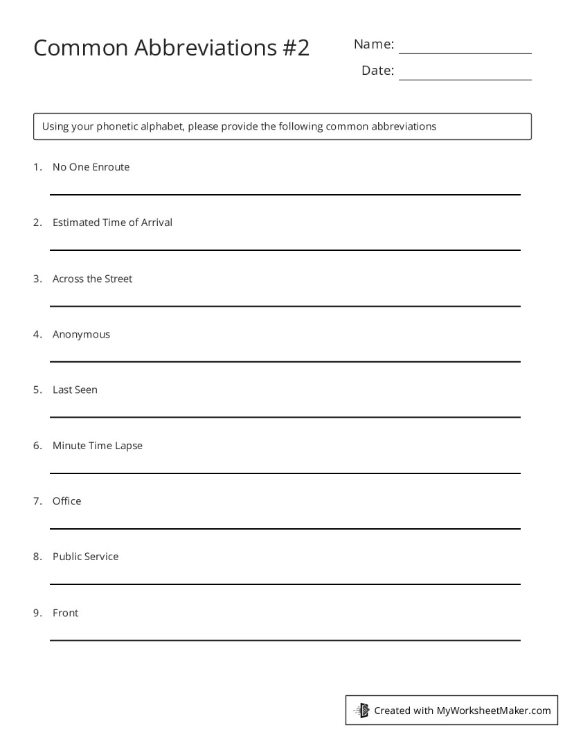 Common Abbreviations #2 - My Worksheet Maker: Create Your Own Worksheets