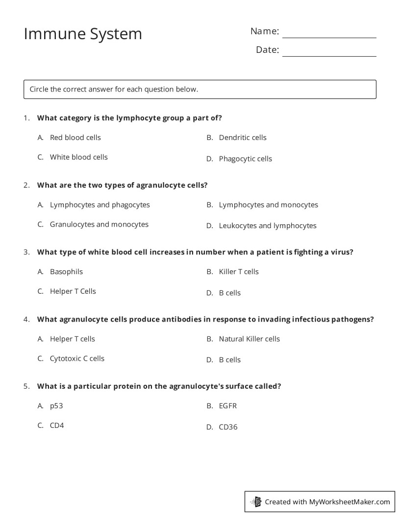 Immune System - My Worksheet Maker: Create Your Own Worksheets