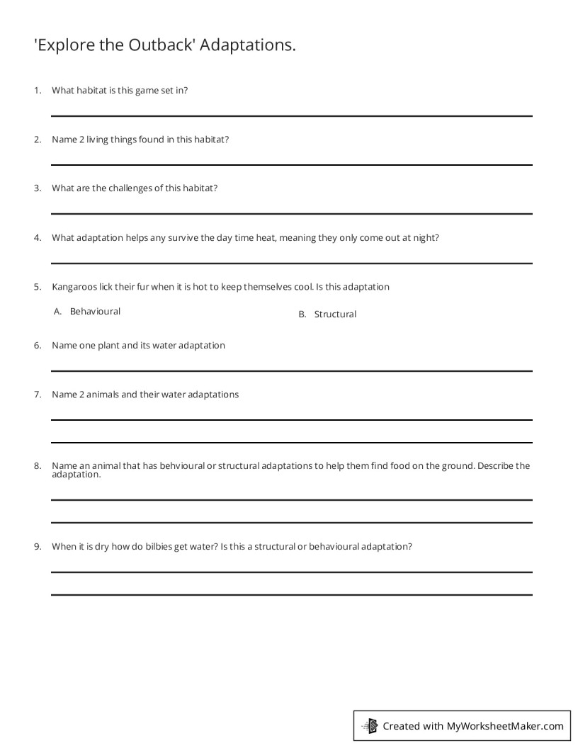 'Explore the Outback' Adaptations. - My Worksheet Maker: Create Your ...