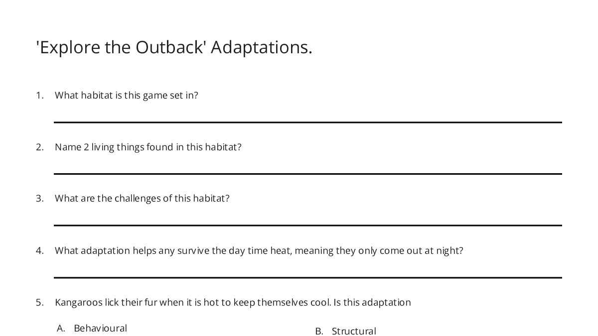 'Explore the Outback' Adaptations. - My Worksheet Maker: Create Your ...